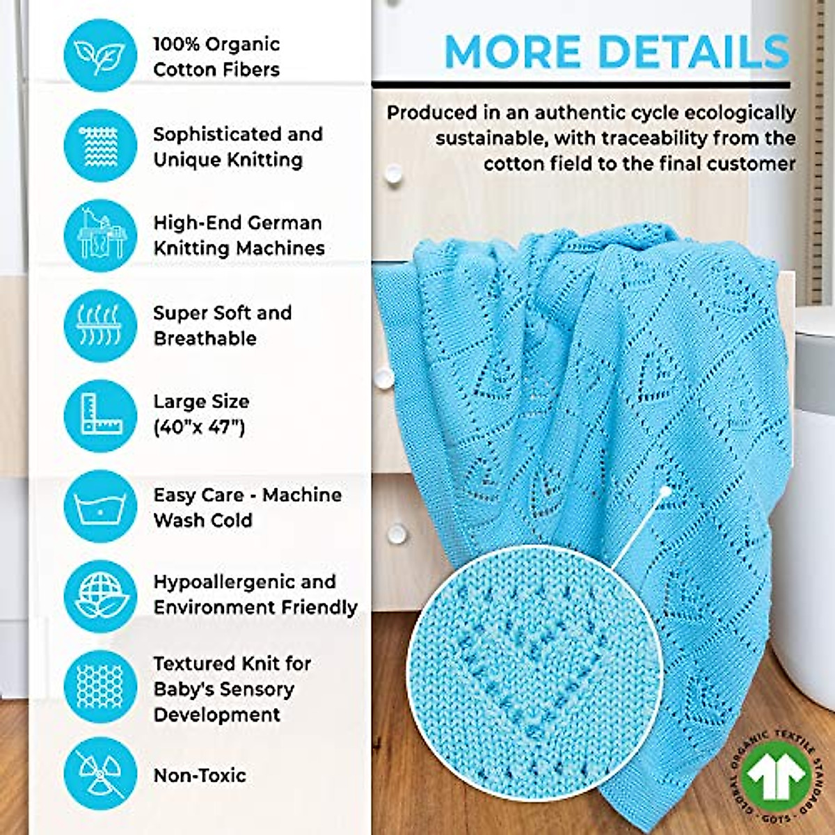 100% Organic Cotton Large Knit Baby Blanket, Swaddle, Receiving, Stroller and Photography Blankets, Pink, Blue and White, 40”x47” GOTS Certified – Boy, Girl for Newborn, Infant and Toddler (Blue)