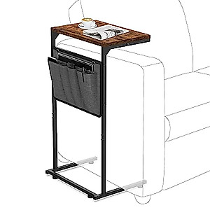 Vantic C Shaped End Table, Small Couch Side Table with Storage Bag, Sturdy Slide Under Sofa Table with Metal Frame for Living Room & Bedroom (16" L x 11.6" W x 28" H), Rustic Brown