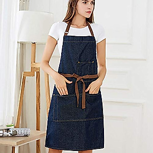 YukaBa Blue Adjustable Denim Jean Kitchen apron with 5 Pockets for Women Men Optimized upgrade(Denim) (Set of 1)