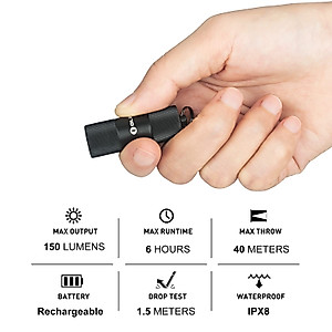 OLIGHT i1R 2 EOS 150 Lumens Tiny Rechargeable Keychain Flashlight EDC Mini LED Keyring Light with Built-in Battery for Camping Hiking Dog Walking etc (Black)