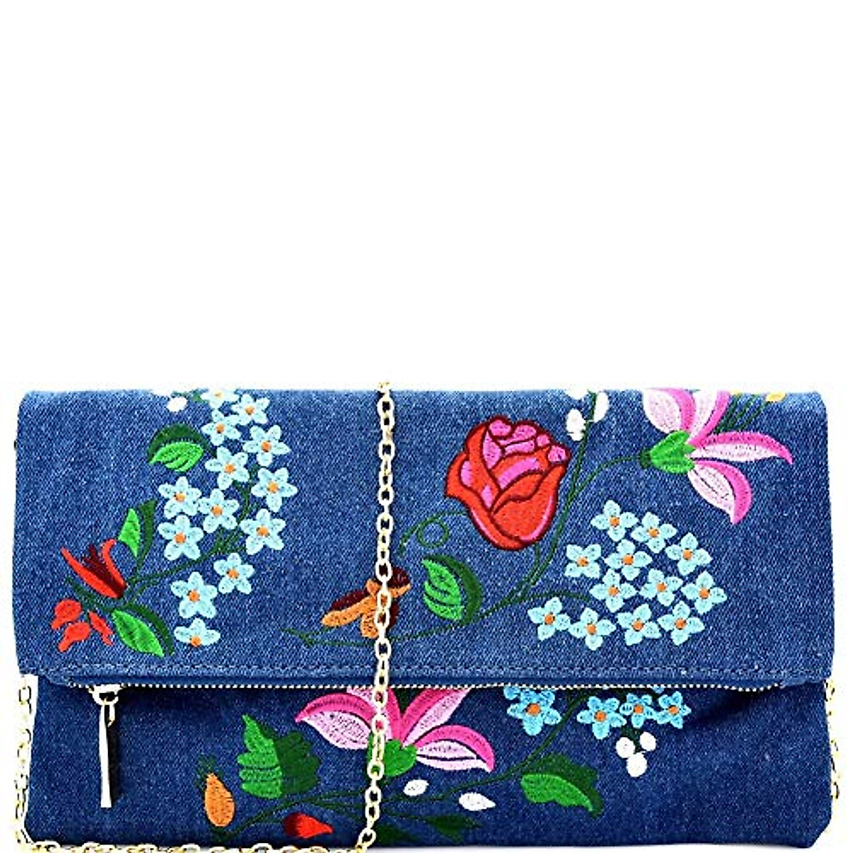 Flower Embroidery Fold-Over Clutch Denim with Chian Strap