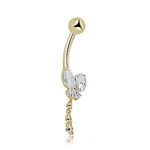 AVORA 10K Yellow Gold Simulated Diamond CZ Dangling Butterfly Belly Button Ring Body Jewelry (14 Gauge)