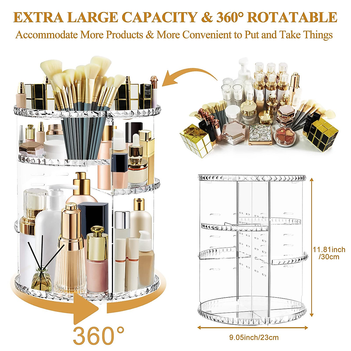 BlingCnsy 360 Large Rotating Makeup Organizer for Vanity Clear - Adjustable & Durable Spinning Cosmetics Skincare Perfume Brush Storage for Bathroom Dresser - Beauty Gift for Girl Women Mom