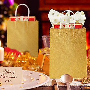 60 Pcs Small Gift Bags Valentines Day Paper Gift Bags Glitter Kraft Bag Reusable Gift Bag with Handle Bridal Shower Favor Bags Bulk Goodie Bags for Wedding, Birthday, Bridesmaids,8.2*5.9*3.1 (Gold)