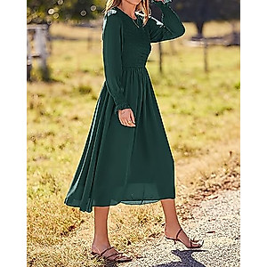 dowerme Women Casual Petal Long Sleeve Crewneck Smocked A-Line Flowy Solid Maxi Dress Fall Winter Party Cocktail Dresses(Solid Dark Green,Small)