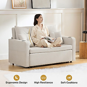 Busaurus 3 in 1 Loveseat Sleeper Sofa Couch Bed, 56" Full Size Convertible Sofa Bed, Pull Out Couch Bed with Storage Pocket, USB, Comfy Sofa Bed Couch for Living Room, Bedroom, Small Space, Beige