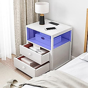 Roozmausy Nightstand with Charging Station LED Lights AC,White nightstand,Bedside Table with Drawer,Bedside Cupboard,Bedside Cabinets,Small Spaces Side End Table (White-2Drawer)
