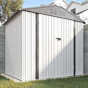 Greesum Metal Outdoor Storage Shed 8FT x 6FT, Steel Utility Tool Shed Storage House with Door & Lock, Metal Sheds Outdoor Storage for Backyard Garden Patio Lawn, White