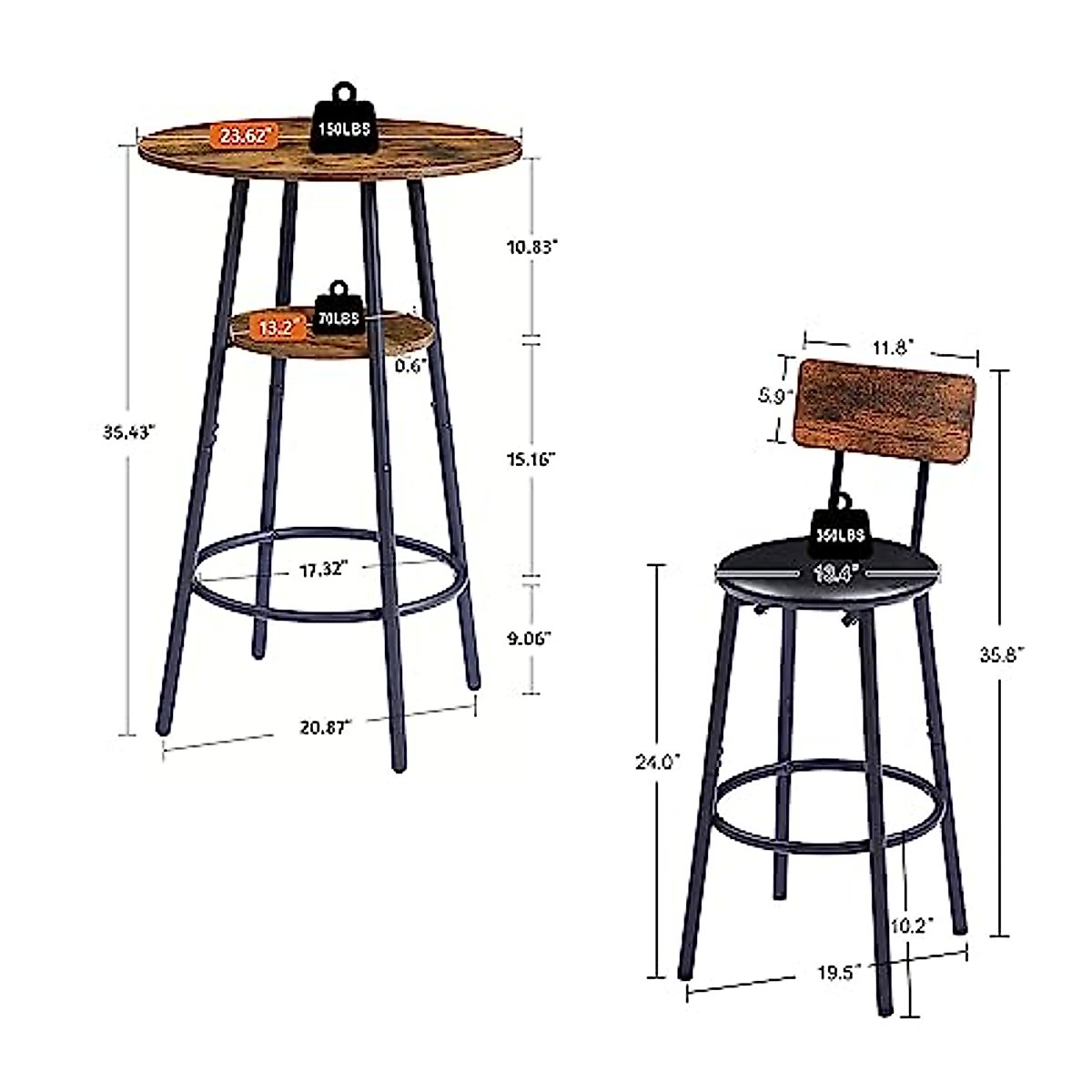 Tensun Bistro Table and Chairs Set of 2, Pub High Top Round Table and Chairs Set with Upholstered Cushion, Storage Shelf and Backrest, 3-Piece Bar Stool Set for Breakfast Nook, Rustic Brown