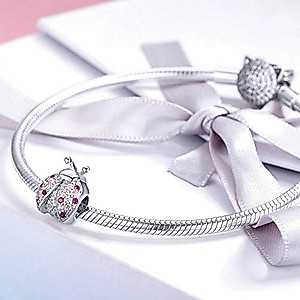 Insect Charm 925 Sterling Silver bee,Butterfly, Dragonfly, Animal Charms Fit on 3mm Pandora Snake Chain Bracelet (Ladybug)