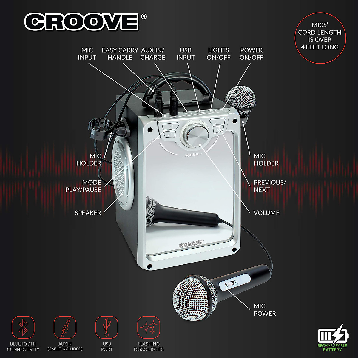 Croove Karaoke Machine for Kids - Kids Karaoke Machine for Girls and Boys with 2 Microphones – Bluetooth, AUX, USB Connectivity and Flashing Disco Lights in Singing Machine