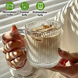 Qipecedm 6 PACK Premium Glass Coffee Mugs with Handle, 12 OZ Classic Vertical Stripes Glass Coffee Cups, Transparent Tea Cup for Hot/Cold Beverages, Glassware Set for Americano, Latte, Cappuccino