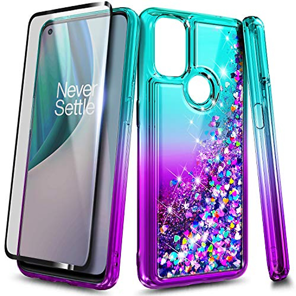 NZND Case for OnePlus Nord N10 5G with Tempered Glass Screen Protector (Full Coverage), Sparkle Glitter Flowing Liquid Women Girls Cute Phone Case (Aqua/Purple)