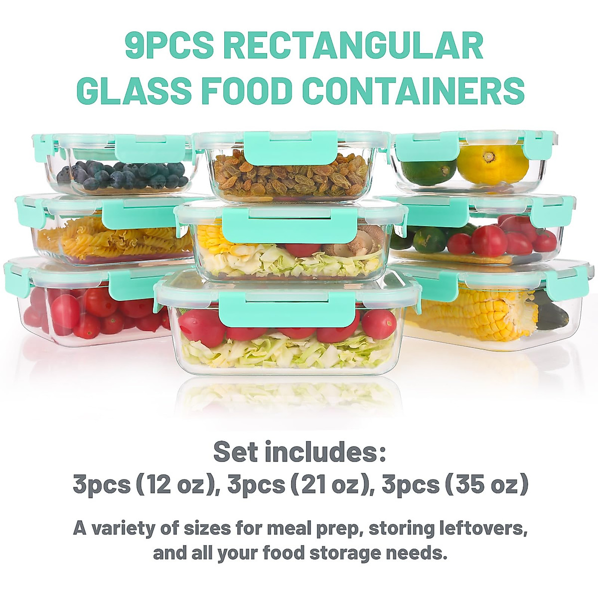 Moretoes Glass Food Storage Containers, 9pcs, Glass Meal Prep Containers, Glass Airtight Leakproof Containers Set, Glass Storage Containers with Lids