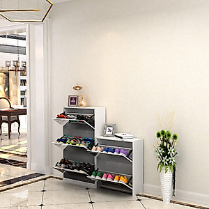 GLSCASA Modern Shoe Cabinet with Full Length Mirror, Freestanding Shoe Storage Organizer with 5 Flip Drawers, Separate 3 + 2 Tier Shoe Cupboard for Entryway, Dressing Room