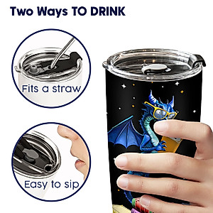 34HD Book Dragon Tumbler with Lid, 20oz Stainless Steel Vacuum Insulated Dragon Coffee Mug, Book Lover Gifts for Birthday Christmas Back To School, Bookworm Gifts for Women, Bookish Items