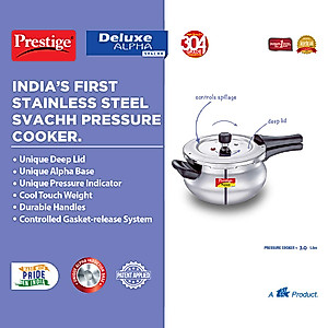 Prestige Deluxe Svachh Stainless Steel Pressure Cooker with Alpha Base and Deep Lid for Spillage Control, (3.0L Mini Handi), SILVER