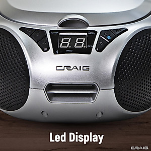 Craig CD6925 Portable Top-Loading Stereo CD Boombox with AM/FM Stereo Radio Bluetooth Wireless and AUX Port (Silver, Bluetooth)