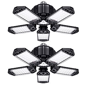 New Upgraded LED Garage Light, 6500K Ultra Bright 128 LED Shop Light with 5 Adjustable Panels, 120W LED Deformable Garage Ceiling Lights with E26 & E27 Screw Socket, for Garage, Workshop,2 Pack