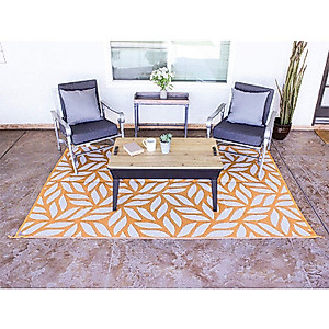 Stylish Camping 256099 6-feet by 9-feet Reversible Mat, Plastic Straw Rug, Large Floor Mat for Outdoors, RV, Patio, Backyard, Picnic, Beach, Camping - Leaf Mat (Mango/White)