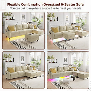 FOMNEY Sectional Couche for Living Room, Modular U Shaped Sofa Couchs with RGB Lights and Charging Ports, 6 Seat Convertible Sectional Sofa with Storage Ottoman (Beige)