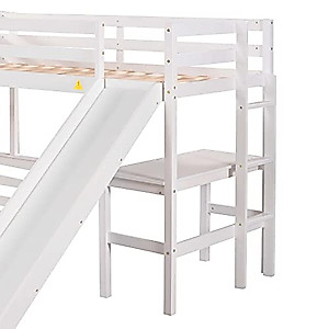 Merax Wood L-Shaped Bunk Bed with a Loft Attached, Triple Bedframe with Desk, Slide, and Guardrails, Twin Over Full, White