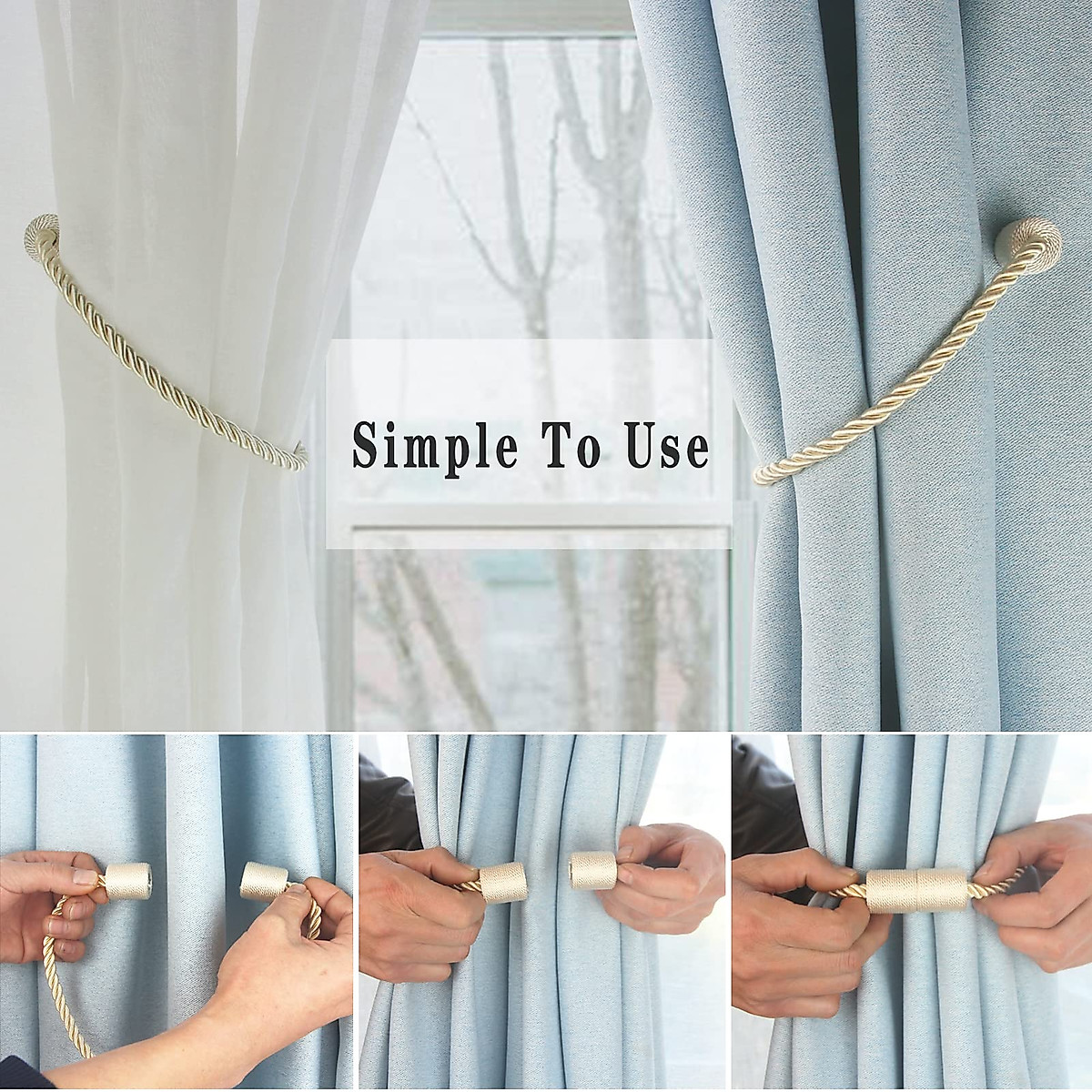 Hangtty Magnetic Curtain Tiebacks 2 Pack Beige Curtain Rope Tieback Curtain Holders for Drapes Modern Tie Backs Decorative Curtain Holdbacks