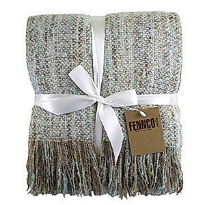 Fennco Styles Light Aqua Faux Mohair Shabby Chic Throw Blanket with Tassel, 50" W x 60" L