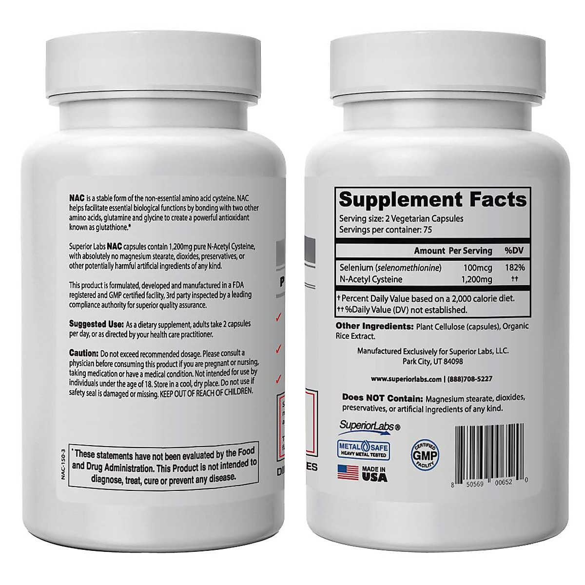 Superior Labs - NAC (N-Acetyl Cysteine) - Dietary Supplement with Selenium - 1,200mg, 150 vegetable capsules - Free Radical Protection - Normal Immune System Function - Maintains Cellular Health