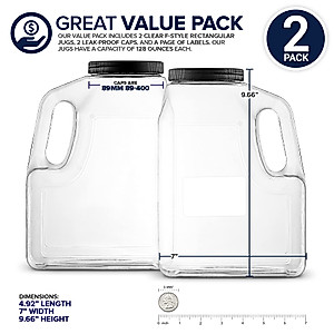Stock Your Home Wide Mouth Gallon Jugs (2 Pack) - 128 Ounce Rectangular Oblong Gallon Container - Clear Plastic Jugs with Handle for Home, Commercial or Restaurant Use