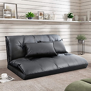 Angel Sar Adjustable Floor Sofa Bed, PU Futon Lazy Sofa, Folding Couch, Gaming Sofa with 2 Pillows for Living Room, Bedroom, Black