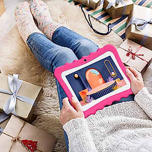 7-inch Children's Tablet Computer 1+8G Android Tablet Cartoon Front And Rear Dual Camera Tablet Children's Early Education Learning Machine Parent-child Gift, Shockproof Case, Educational, Games (Red)