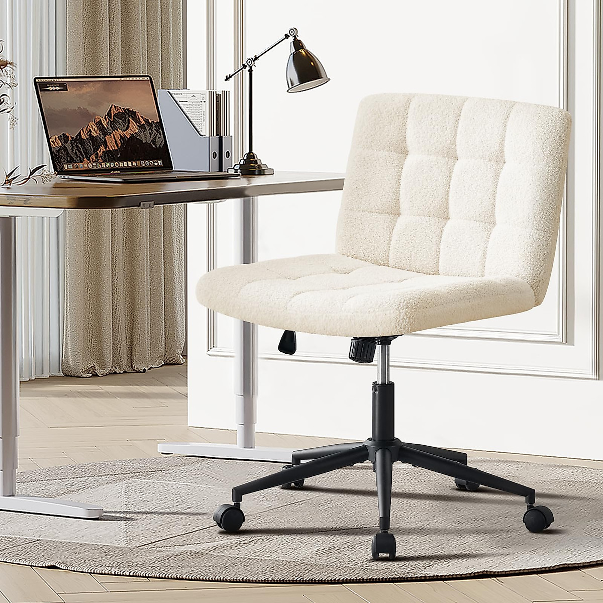 Furnimart Swivel Criss Cross Legged Chair with Wheels for Home Office, Wide Armless Desk Chair Height Adjustable Comfy Seat for Desk,Vanity, Bedroom, Faux Fur White