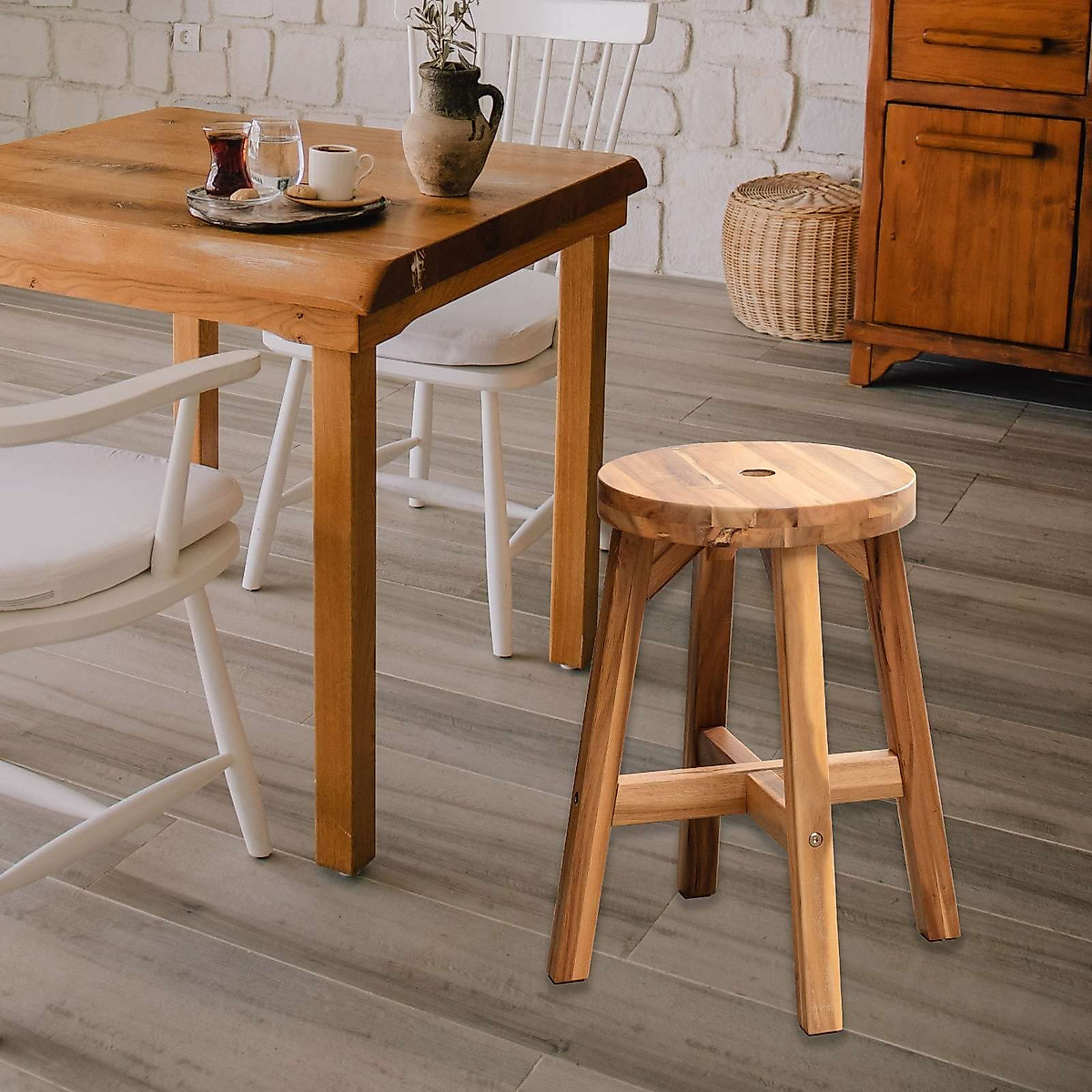 FRITHJILL 17.7-Inch Seat Stool, Round Wooden Counter Stool, Natural