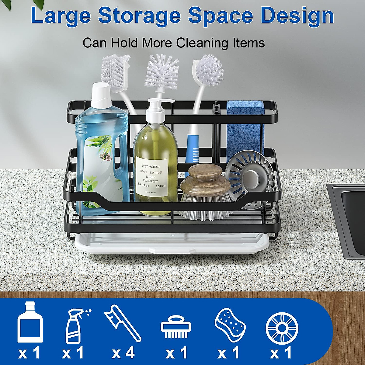 Sponge Holder Kitchen Sink Caddy Organizer, Large Stainless Steel Sink Tray Drainer Rack, Countertop Soap Dish Dispenser Brush Holde with Removable Drain Tray - Not Including Dispenser, Sponge, Brush