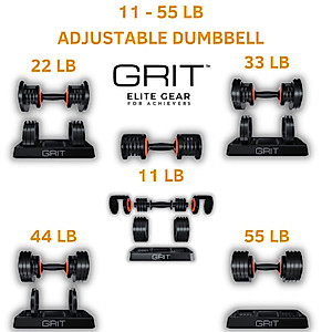 GRIT Adjustable Dumbbells Set - 11 to 55 Lbs Fast Adjusting Dial Weights - Workout Exercise, Strength Training and Core Fitness at Home or Gym for Men and Women - Easy Removable Plates, Tray 2 Pack