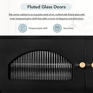 Merax Luxurious TV Stand with Fluted Glass Doors, Elegant and Functional Media Console for Television Up to 90'', Cabinet with Multiple Storage Options, Black