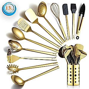 Gold Cooking Utensils Set, Berglander Stainless Steel 13 Pieces Kitchen Utensils Set With Titanium Gold Plating, Kitchen Tools Set With Utensil Holder, Dishwasher Safe, Easy to Clean