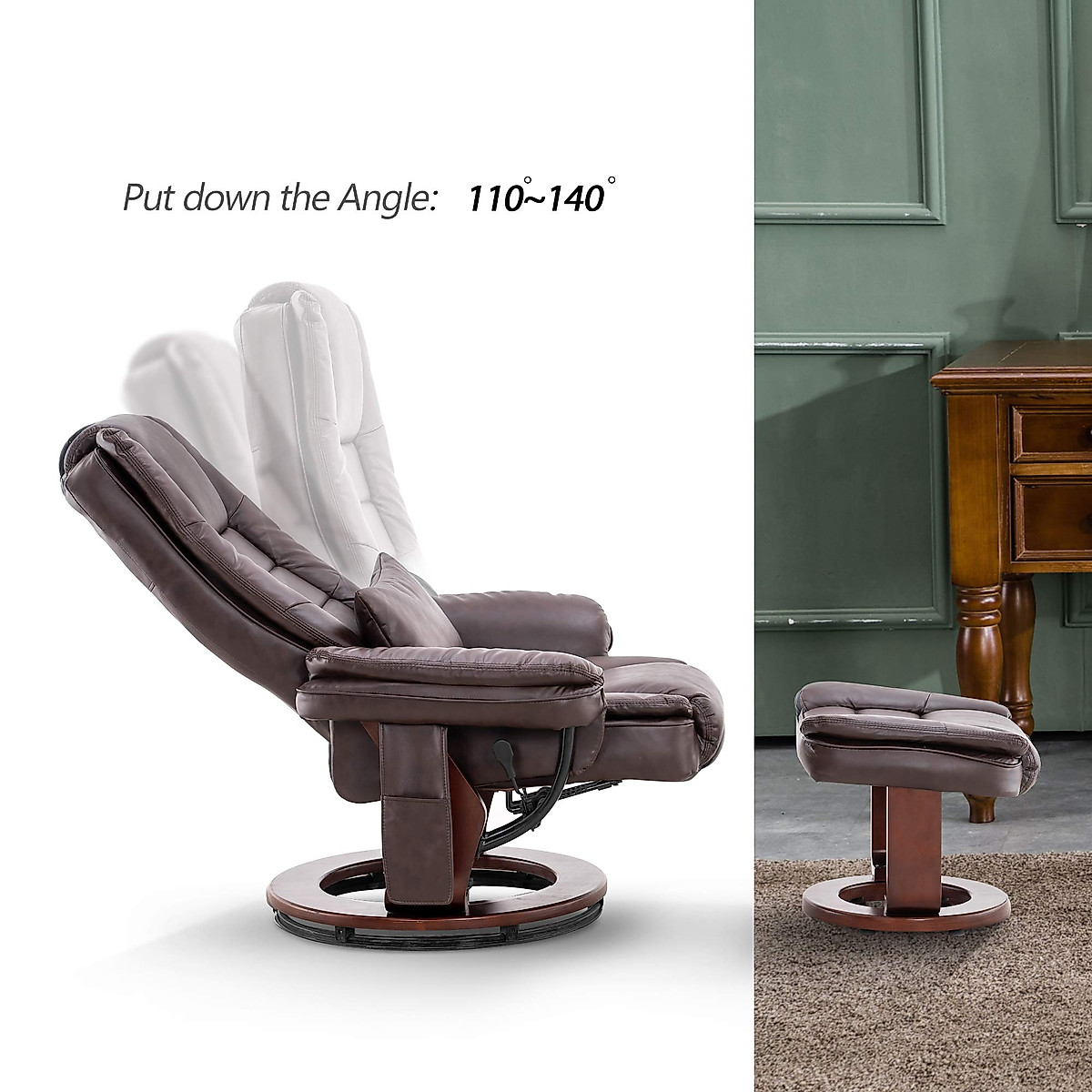 MCombo Recliner with Ottoman Chair Accent Recliner Chair with Vibration Massage, Removable Lumbar Pillow, 360 Degree Swivel Wood Base, Faux Leather 9096 (Dark Brown)