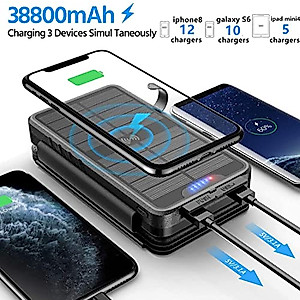 Solar Charger 38800mAh Solar Power Bank with Dual 5V3.1A Outputs 10W Qi Wireless Charger Waterproof Built-in Solar Panel and Bright Flashlights