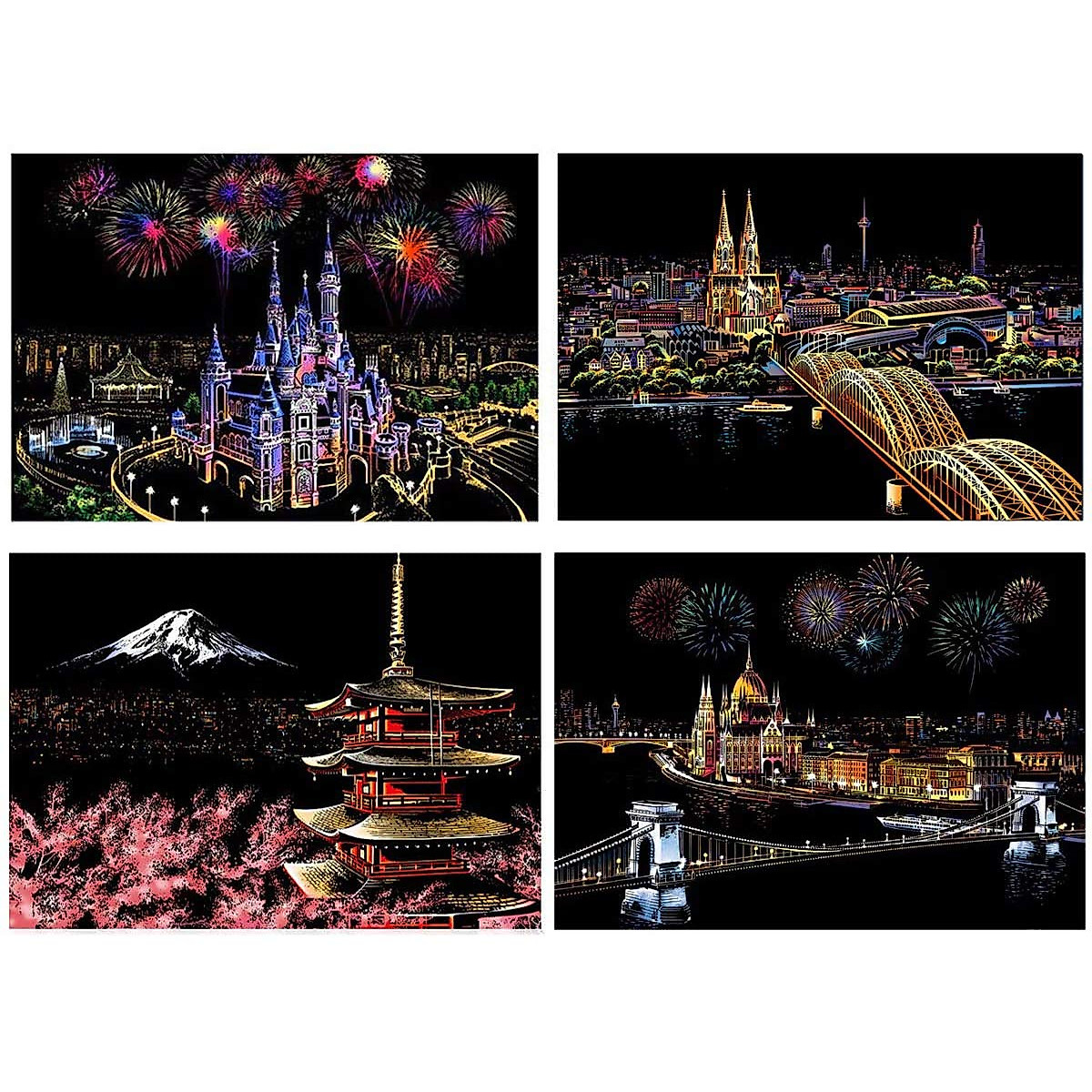 Ameolela Rainbow Scratch Painting Paper, Sketch DIY Art Craft City Series Night View Creative Gift, Scratchboard for Adults and Kids, Craft Kits with 4 Tools, Size 16x11 inches (4 Pack)