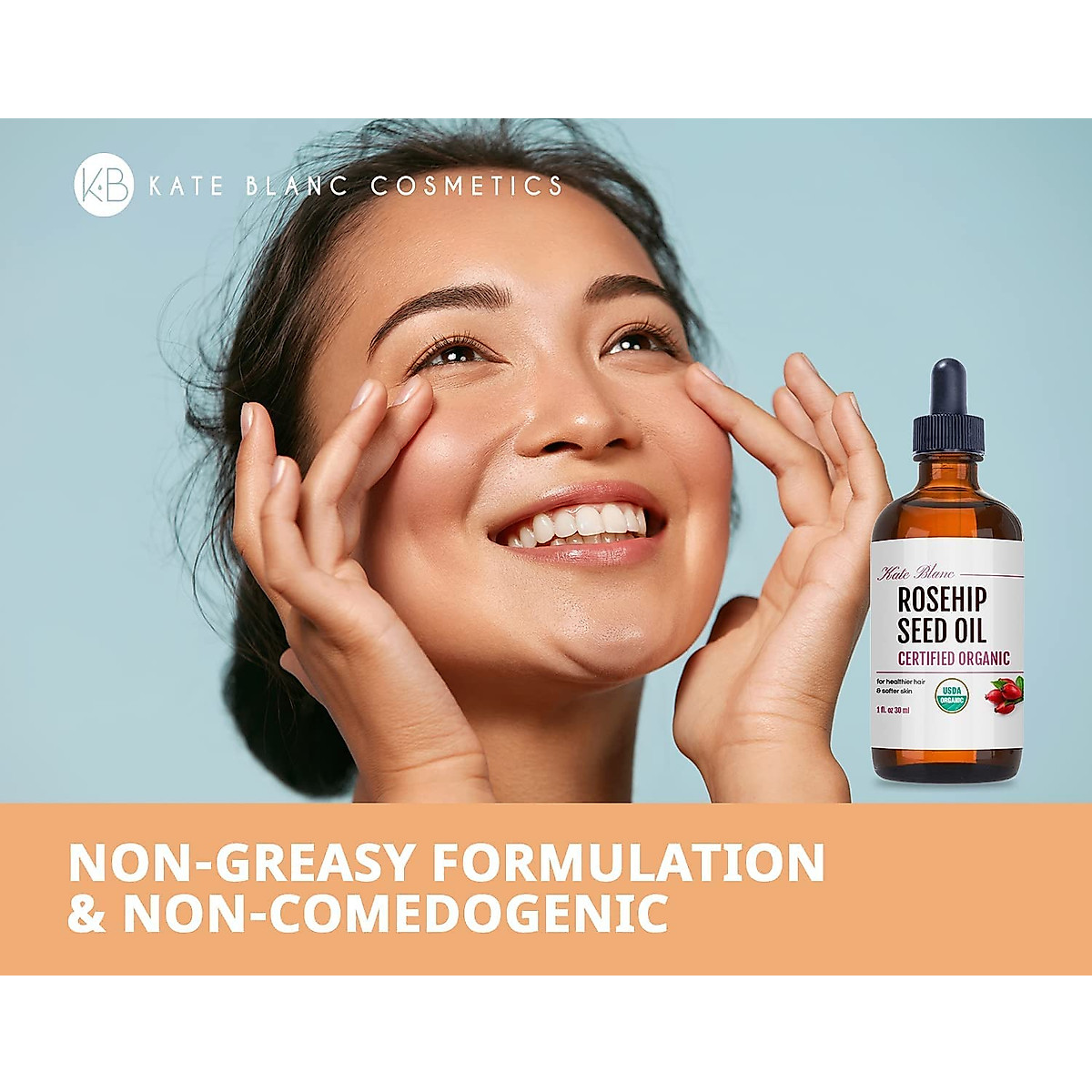 Kate Blanc Cosmetics Rosehip Oil for Face & Skin (1oz, Organic, Pure, Cold Pressed) Rosehip Seed Face Oil for Facial & Gua Sha Massage