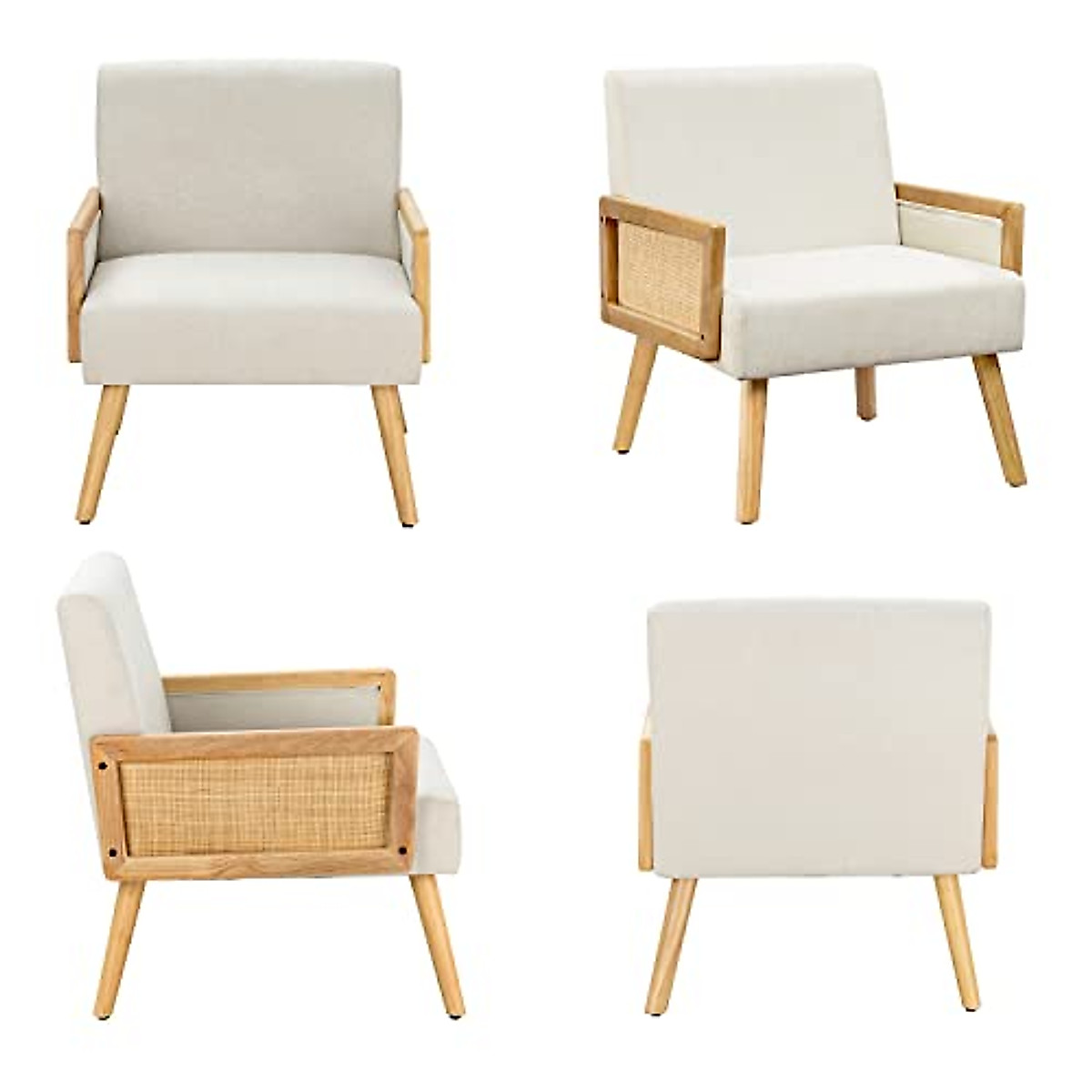 MELLCOM Beige Rattan Chair, Mid Century Modern Accent Chair, Upholstered Chairs with Bamboo Knitting and Solid Wood Legs, Comfy Linen Fabric Armchair for Club, Living Room, Bedroom,Beige-26.4''w