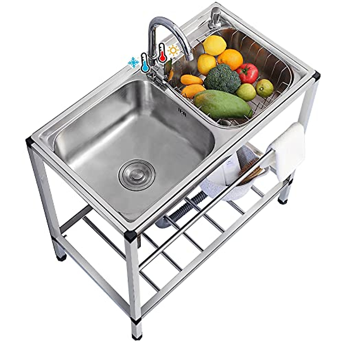 MARQI Free Standing Stainless-Steel Utility Sink Commercial Restaurant Kitchen Sink 2 Bowl Prep & Utility Washing Hand Basin w/Cold Hot Water Pipe Faucet Shelves Indoor Outdoor 31.5" x 17" x 29.5"