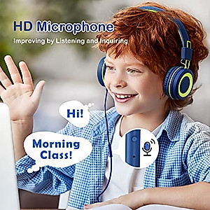 Kids Headphones with Mic, On-Ear Kids Headset Stereo, Volume Limited 91dB, Share Port, Foldable Adjustable 3.5mm Jack Kid Headphones for Boys Girls Toddler School Laptop Travel Tablet, Blue & Green