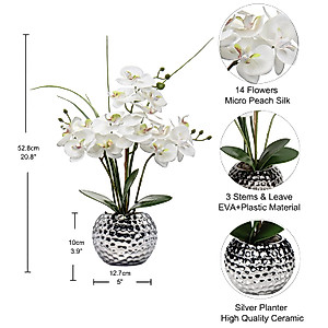 Orchids Artificial Flowers 20.8'' Faux Orchid Flower Arrangement Fake Orchid White Flower with Silver Ceramic Vase Phalaenopsis Orchid for Home Office Bathroom Table Centerpieces Decor, Briful