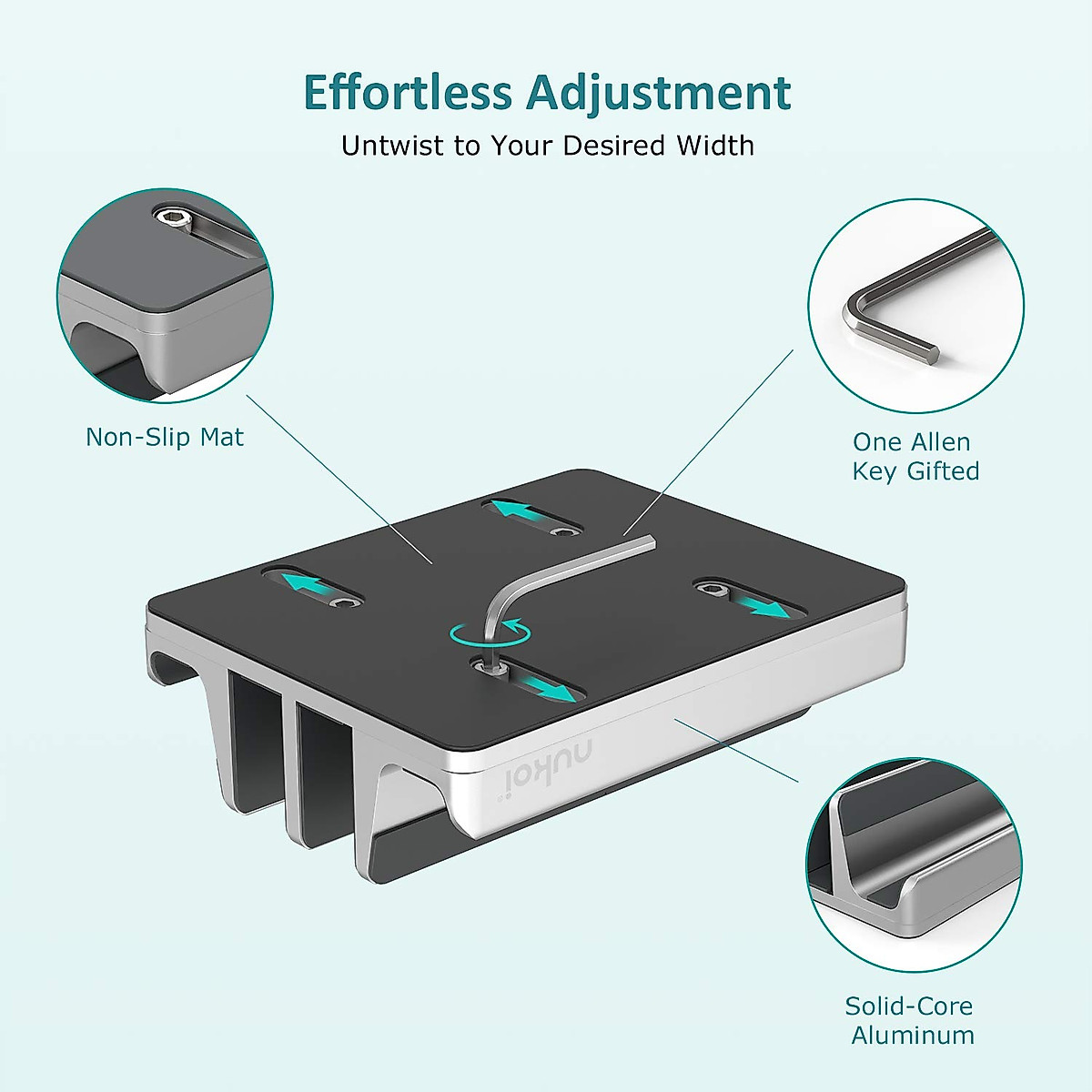 Nukoi Vertical Laptop Stand - SPACEMax Adjustable GRIPLock Anti-Tip Silicone 4 Slots Aluminum Desktop Holder - Double Dock Stand - 2 Phone Slots Fits Up to 17.3” Laptops, Tablets, Phones - Silver