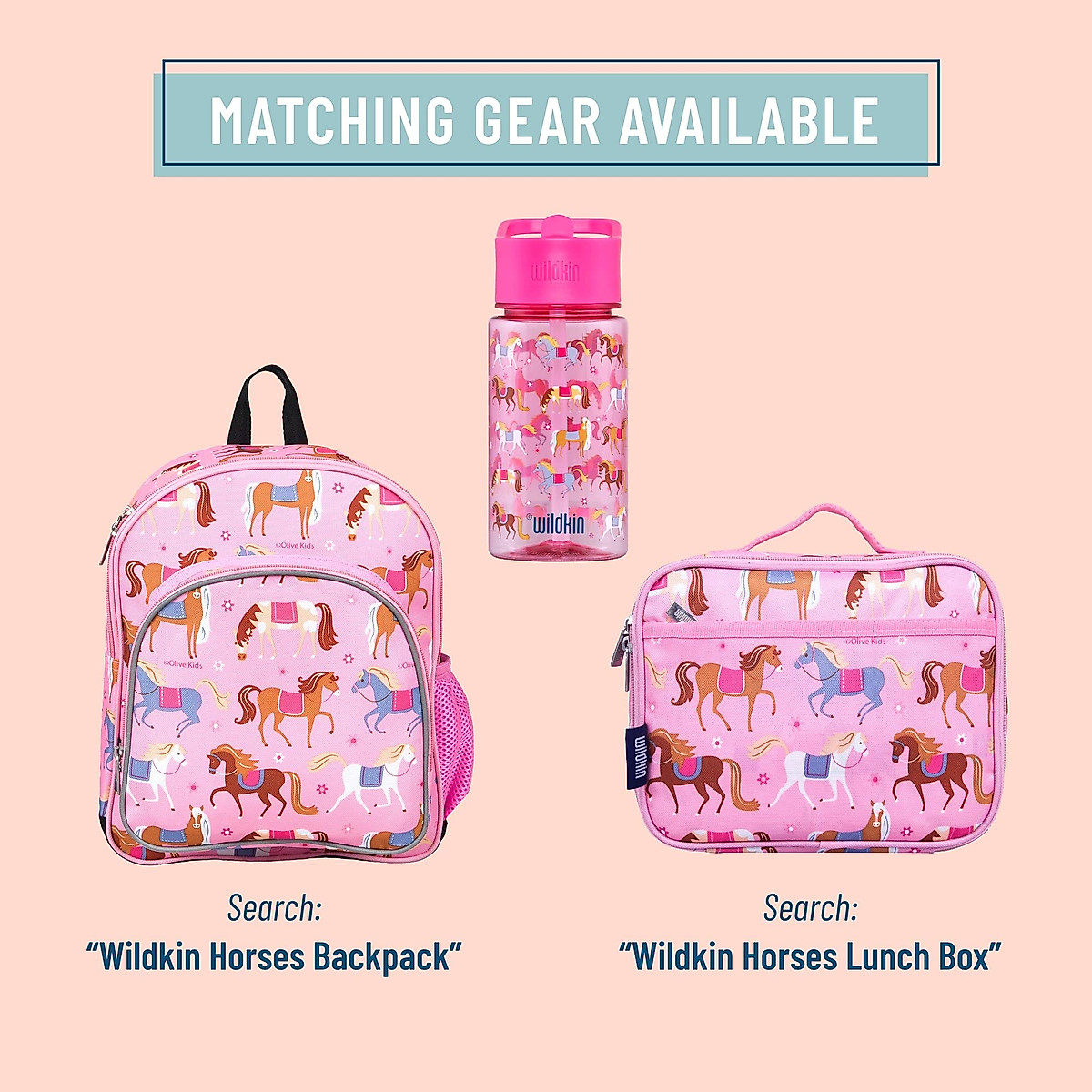 Wildkin Kids 16 Oz Water Bottle – BPA-Free Tritan, Leak-Proof Lid, Durable & Easy to Clean - Horses