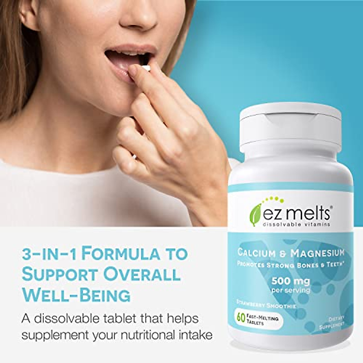 EZ Melts Dissolvable Calcium & Magnesium Supplement with Vitamin D3, Sugar-Free, 1-Month Supply