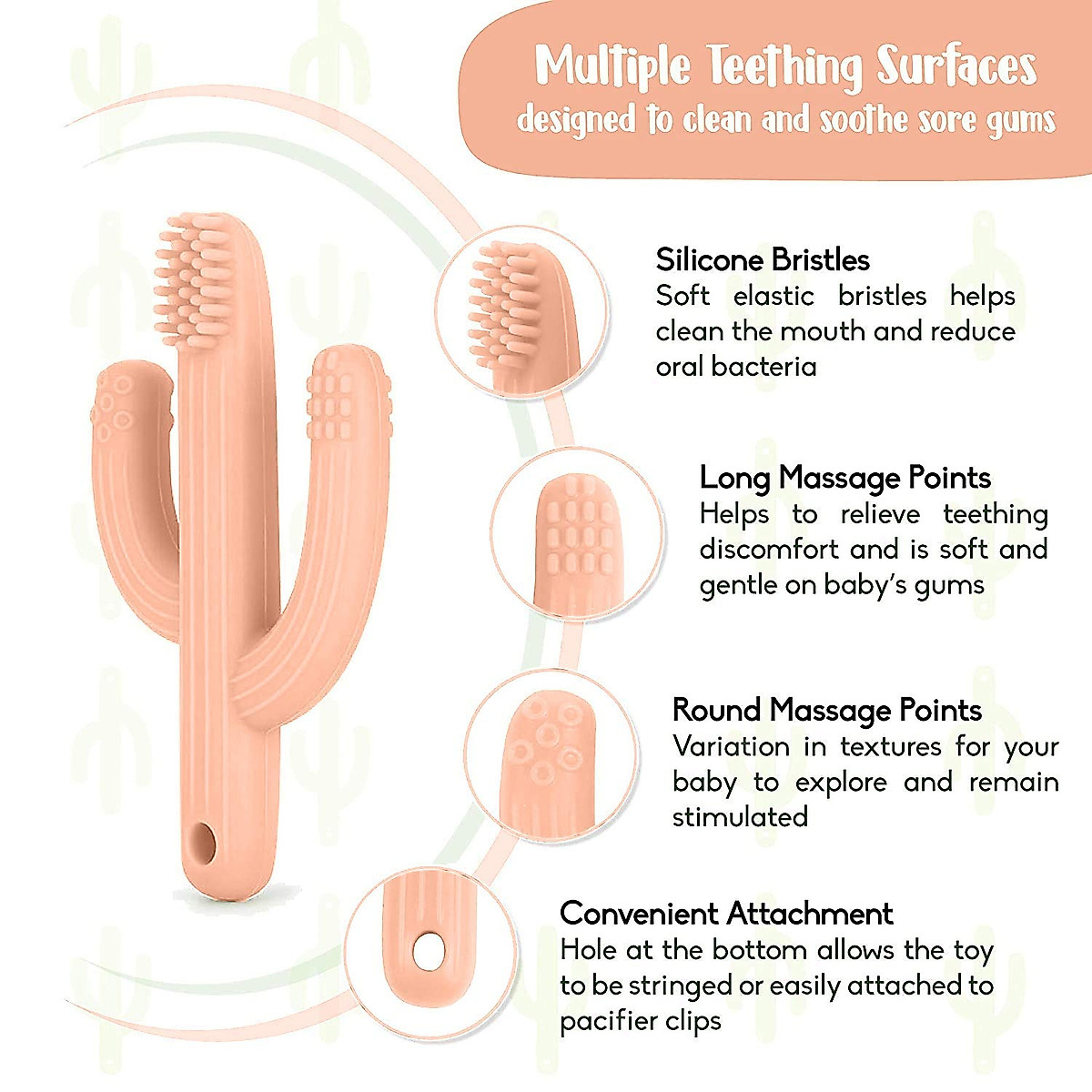 Cactus Teether, Baby Teething Toys for Babies 0-6 Months 6-12 Months, Self-Soothing Pain Relief Soft Baby Toothbrush for Babies, Toddlers, Infants, Boy and Girl, Natural Organic BPA Free(Peachy)